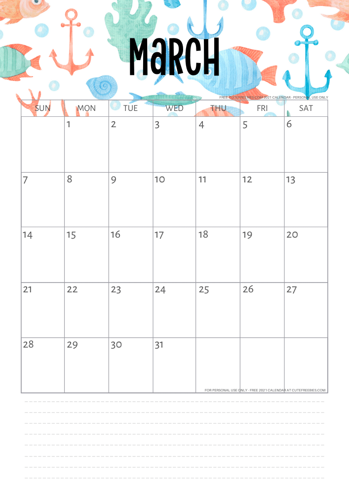 Free Printable March 2021 Calendar PDF - Cute Freebies For You