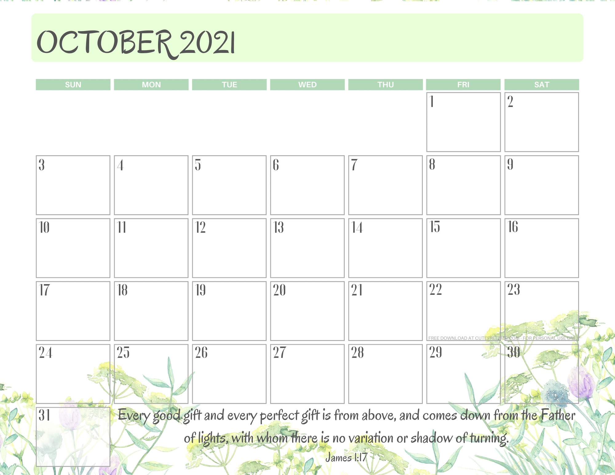 Free Printable October 2021 Calendar PDF - Cute Freebies For You