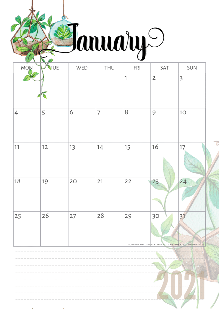 Free Printable January 2021 Calendar PDF - Cute Freebies For You