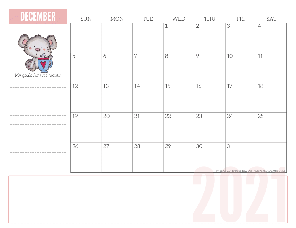 Free Printable December 2021 Calendar PDF - Cute Freebies For You