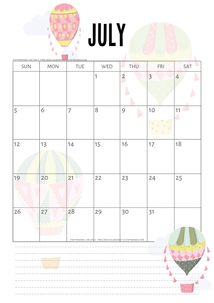 July 2020 Calendar Printable PDF - Cute Freebies For You