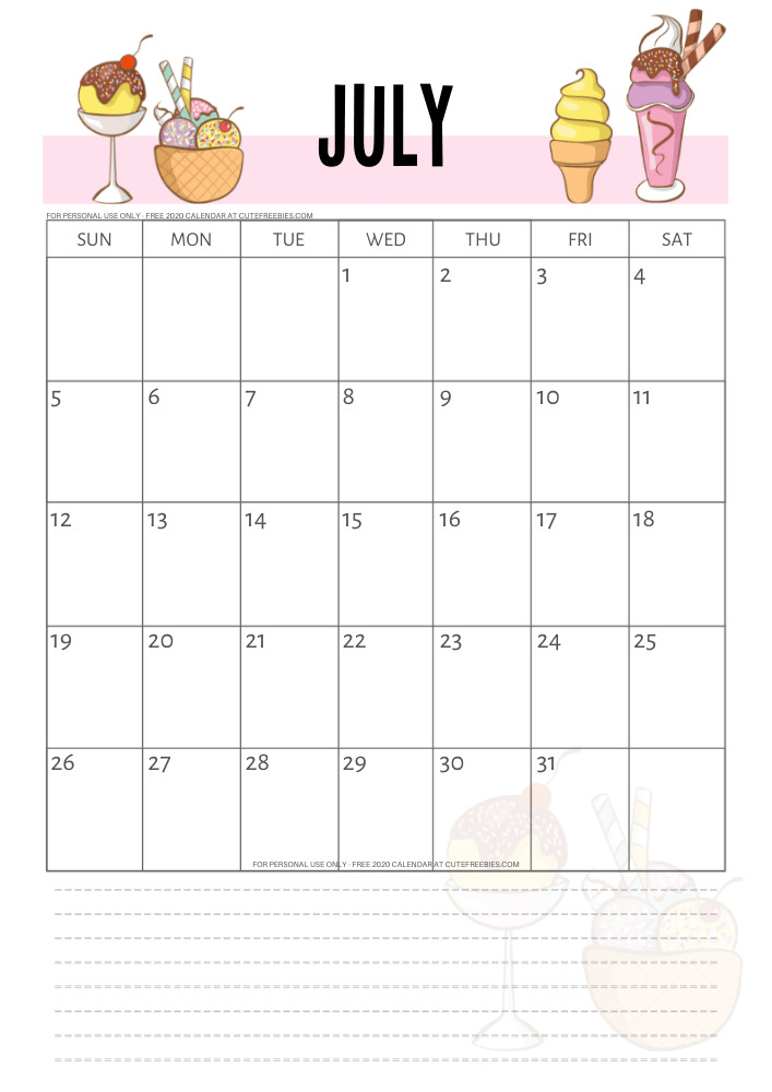 July 2020 Calendar Printable PDF - Cute Freebies For You