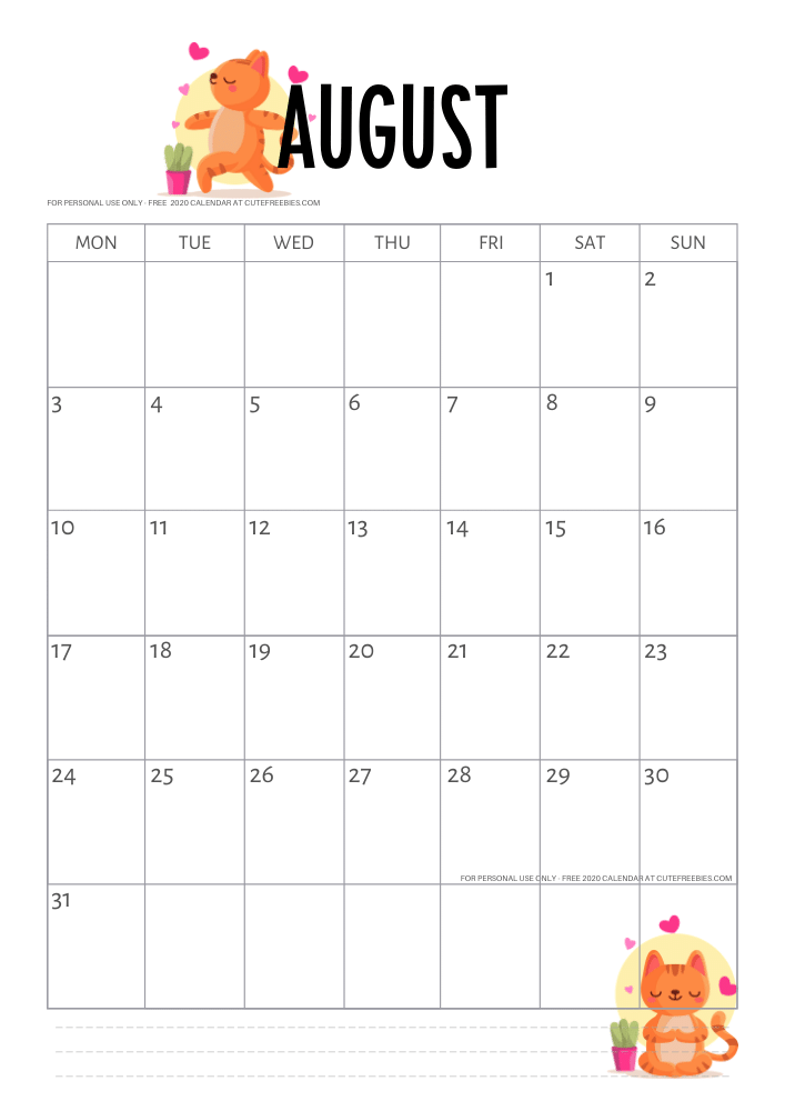 August 2020 Calendar Printable PDF - Cute Freebies For You