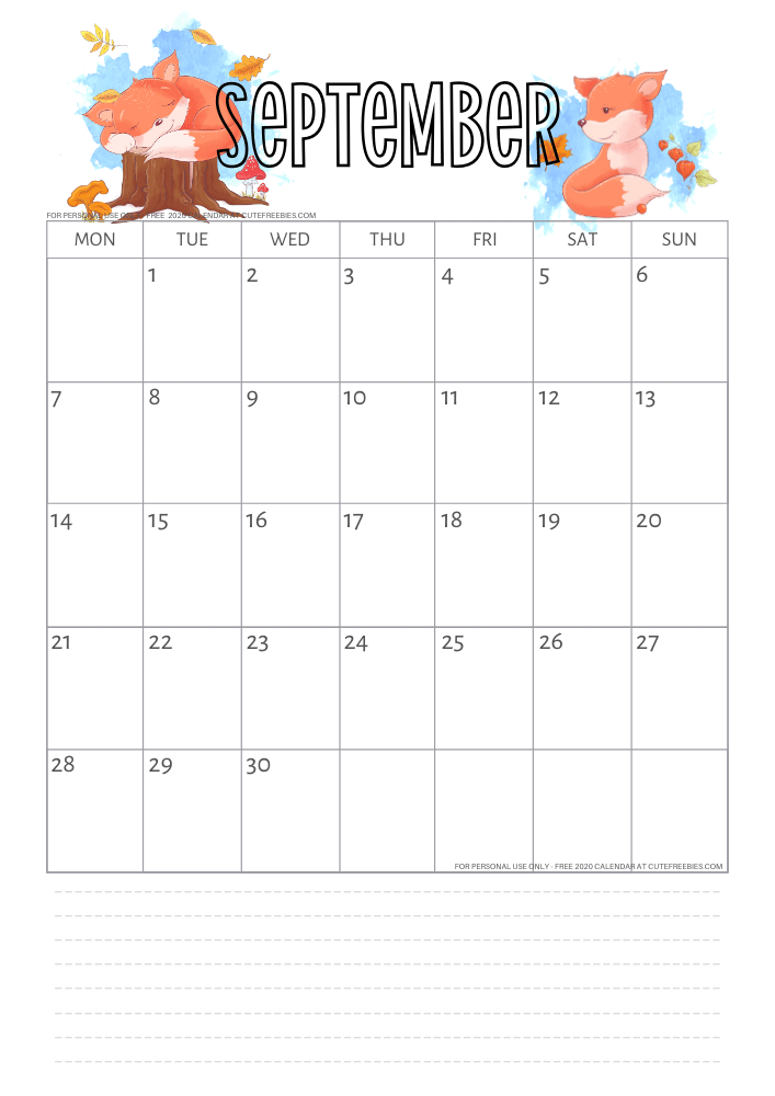 Free Printable September 2020 Calendar - Cute Freebies For You
