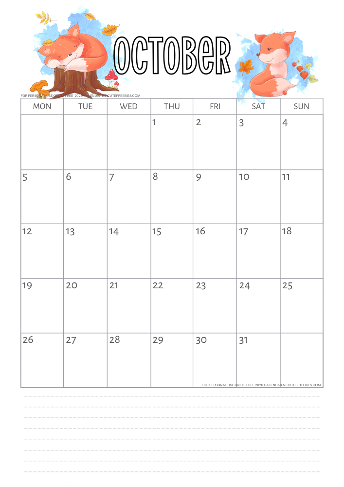 Free Printable October 2020 Calendar - Cute Freebies For You