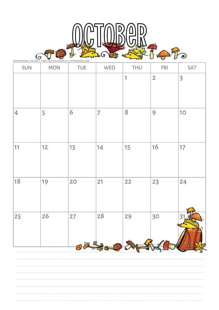 Free Printable October 2020 Calendar - Cute Freebies For You