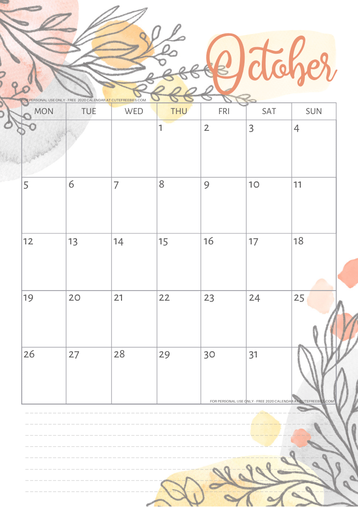 Free Printable October 2020 Calendar - Cute Freebies For You