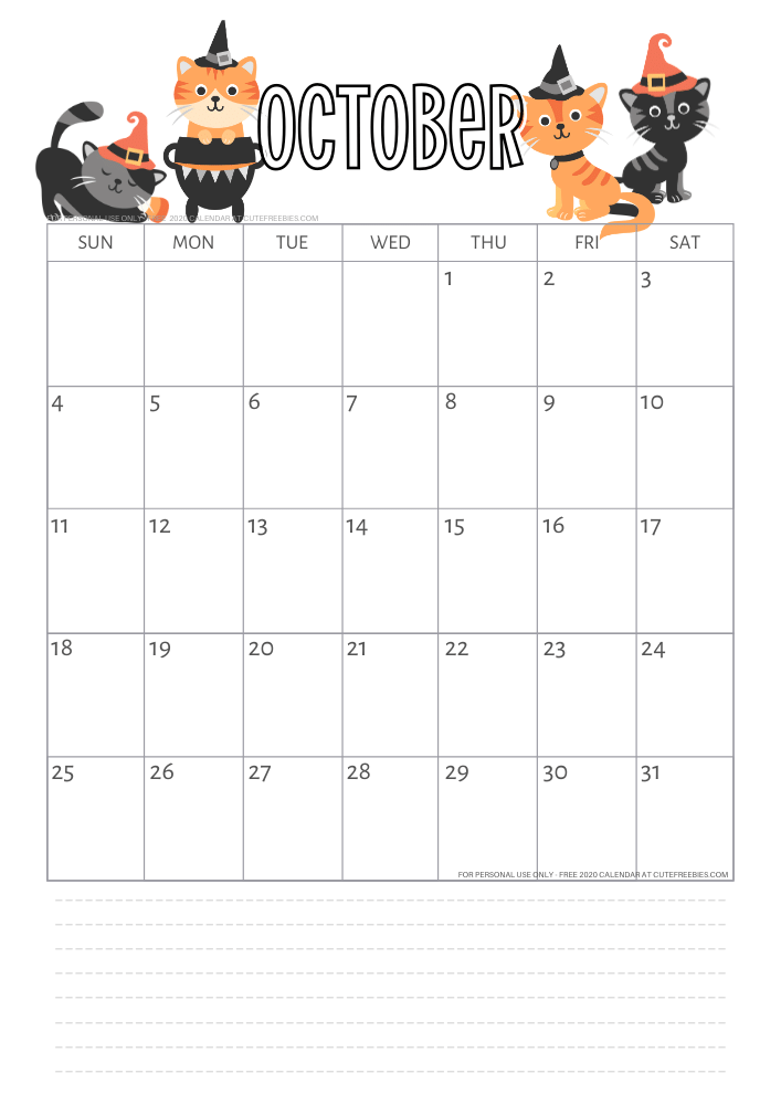 Free Printable October 2020 Calendar - Cute Freebies For You