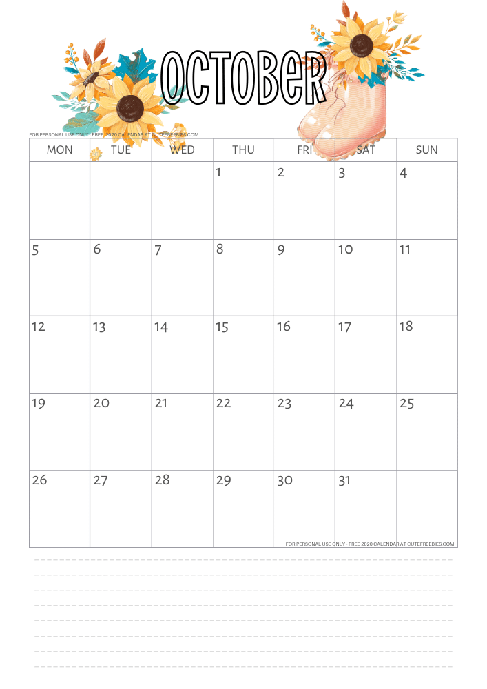 Free Printable October 2020 Calendar - Cute Freebies For You