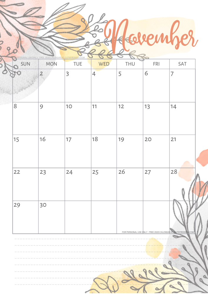 Free Printable November 2020 Calendar - Cute Freebies For You