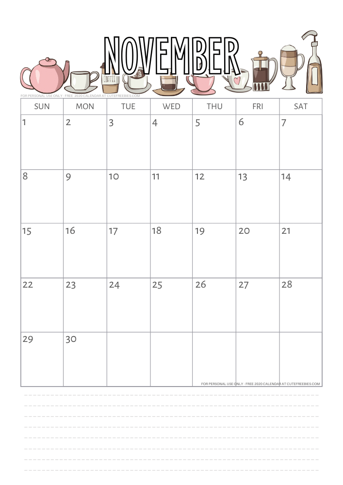 Free Printable November 2020 Calendar - Cute Freebies For You