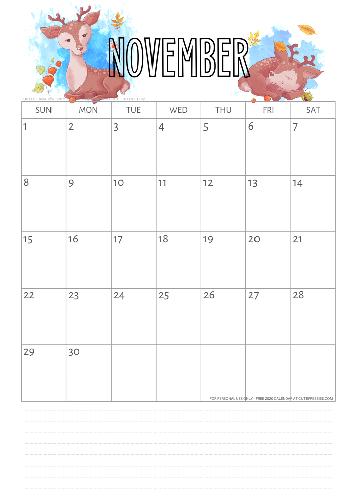 Free Printable November 2020 Calendar - Cute Freebies For You