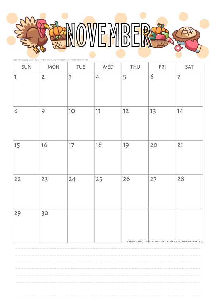 Free Printable November 2020 Calendar - Cute Freebies For You