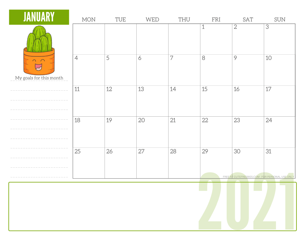 Free Printable January 2021 Calendar PDF - Cute Freebies For You