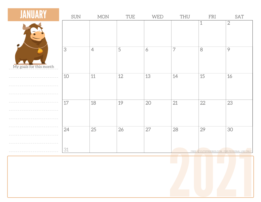 Free Printable January 2021 Calendar PDF - Cute Freebies For You