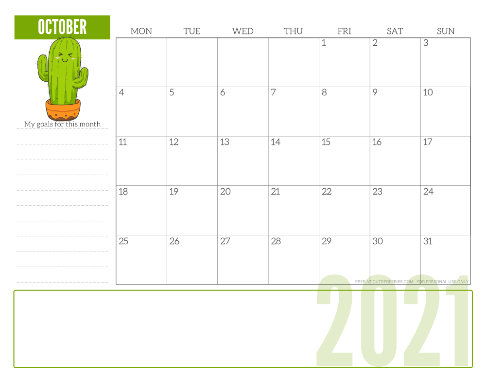 Free Printable October 2021 Calendar PDF - Cute Freebies For You