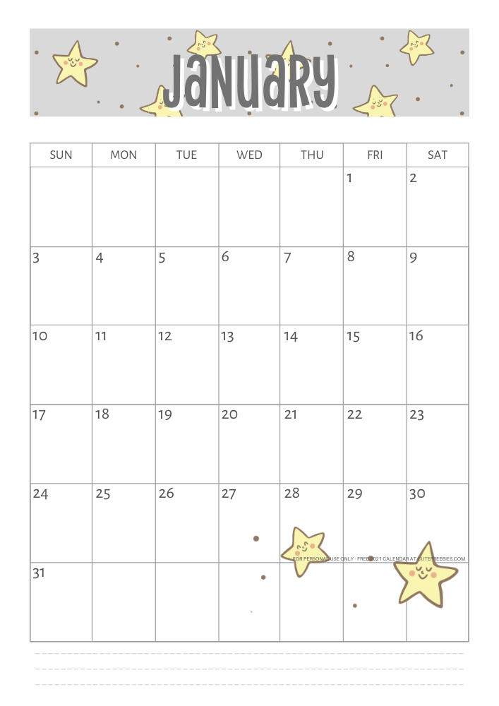 Free Printable January 2021 Calendar PDF - Cute Freebies For You