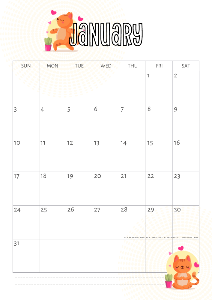 Free Printable January 2021 Calendar PDF - Cute Freebies For You