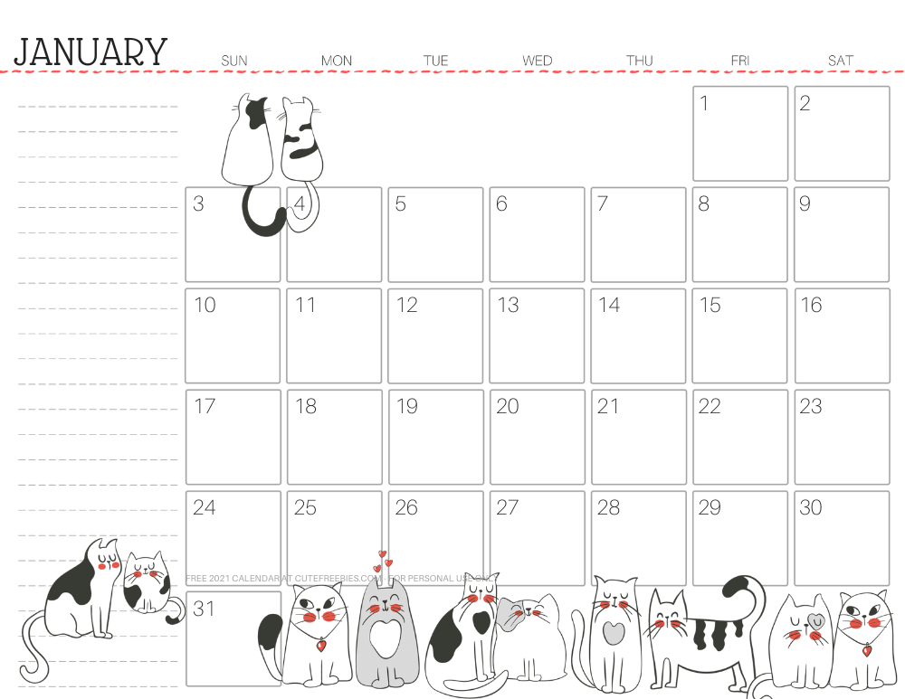 Free Printable January 2021 Calendar PDF - Cute Freebies For You