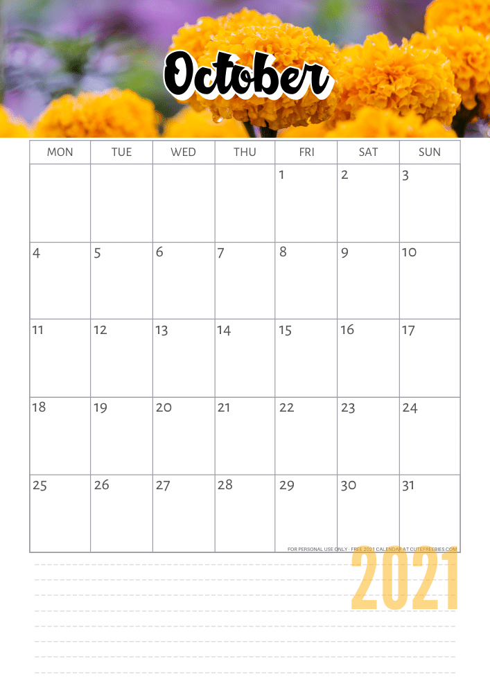 Free Printable October 2021 Calendar PDF - Cute Freebies For You