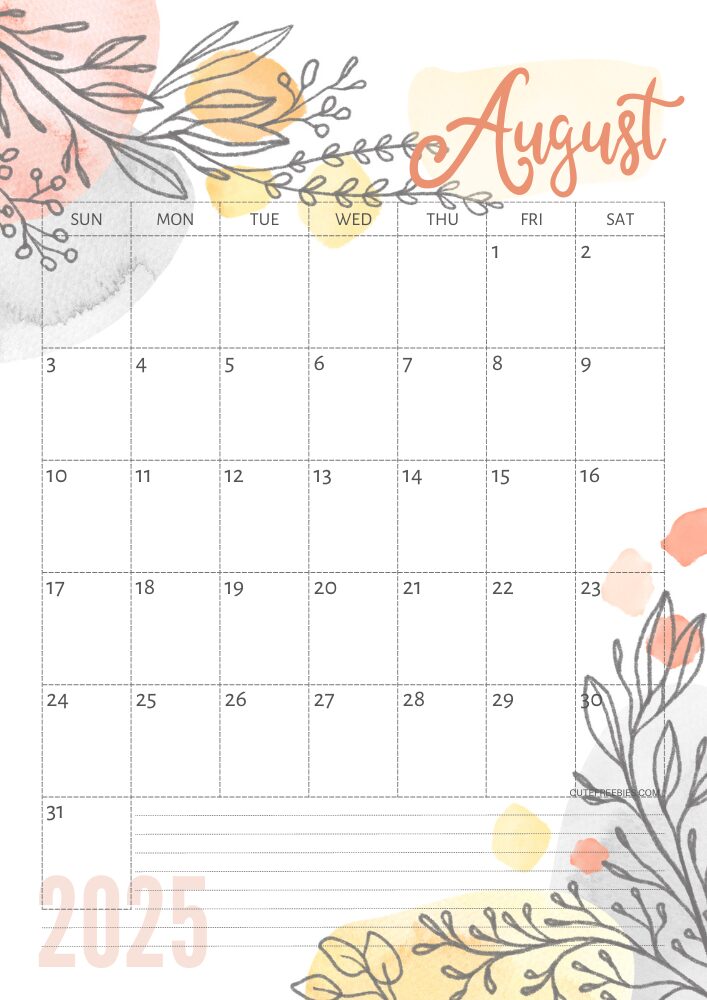 Pretty 2025 Calendar Free Printable PDF Template - Cute Freebies For You