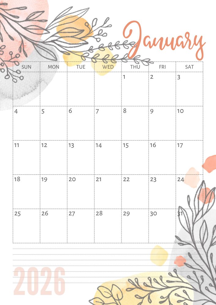 Pretty 2026 Calendar Free Printable PDF Template - Cute Freebies For You