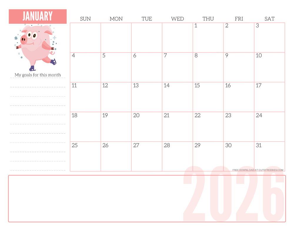 2026 Monthly Planner Calendar – Cute Pigs Free Printable - Cute ...