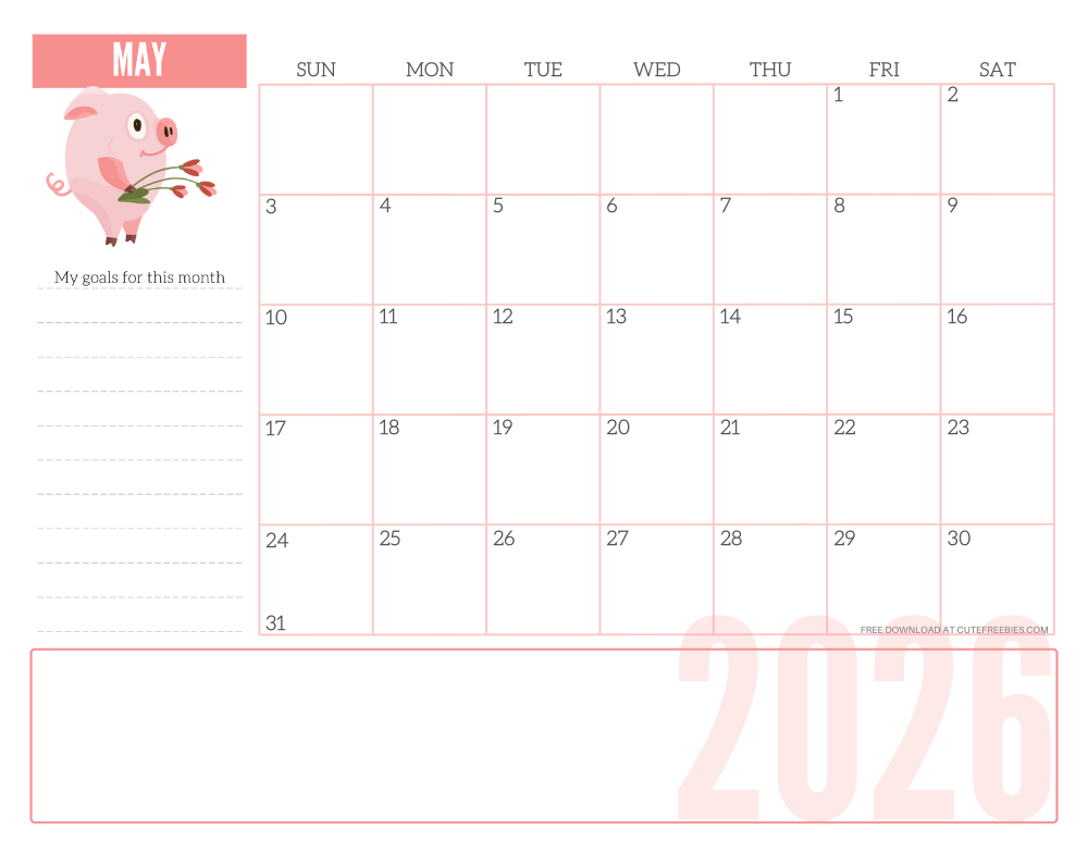 2026 Monthly Planner Calendar – Cute Pigs Free Printable - Cute ...